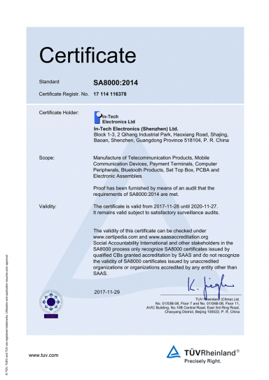 SA8000 Certificate - In-Tech Electronics Limited